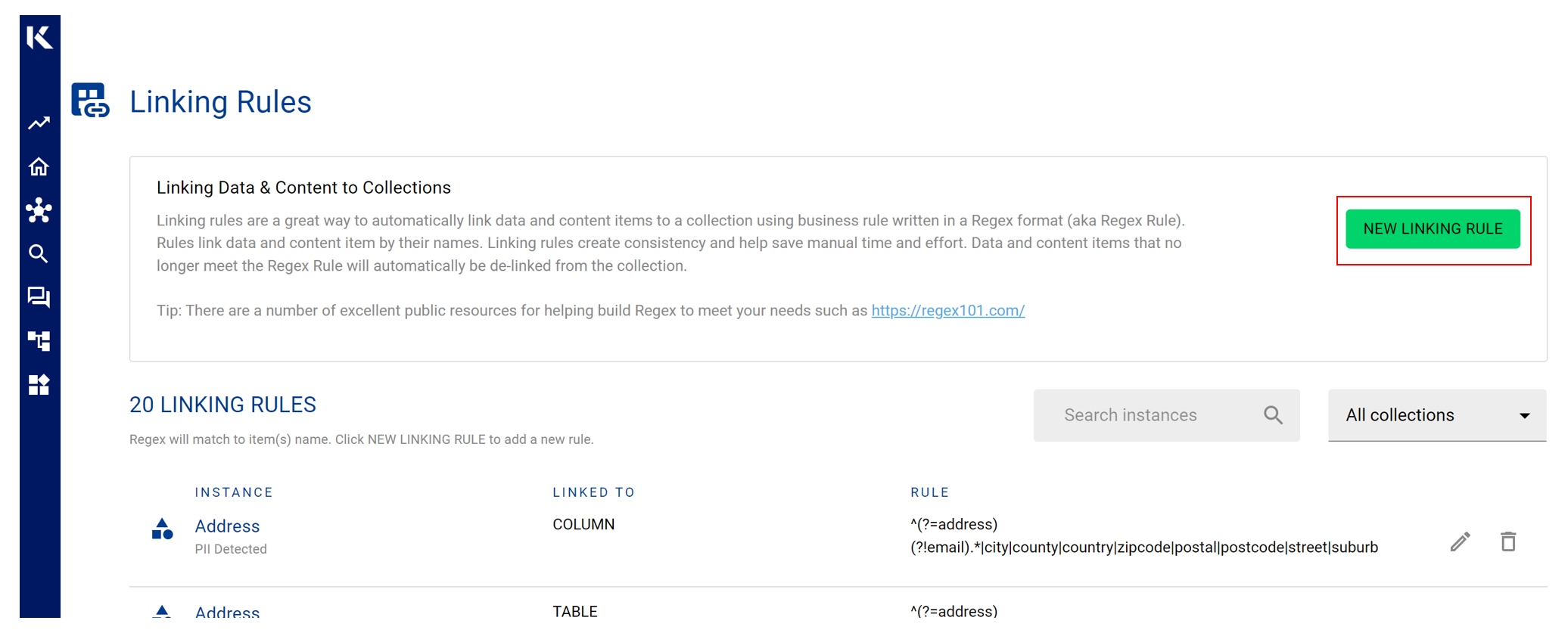 How to create a collection instance linking rule