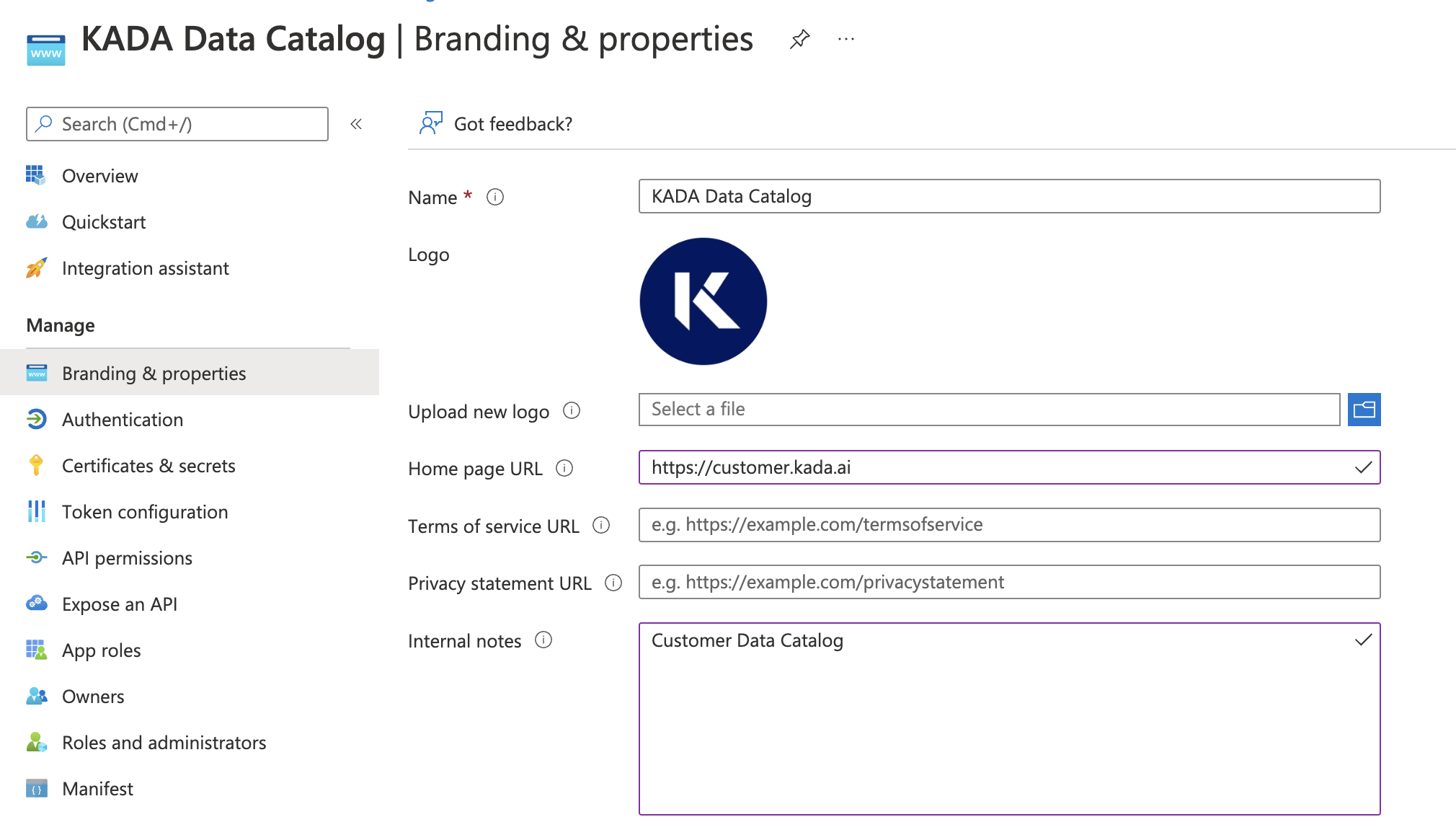 Configuring KADA in your Microsoft App Page